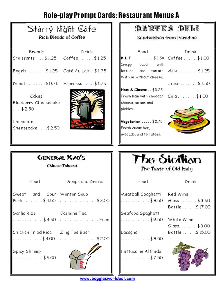 Role-Play Prompt Cards: Restaurant Menus A: Crispy Bacon With Lettuce ...