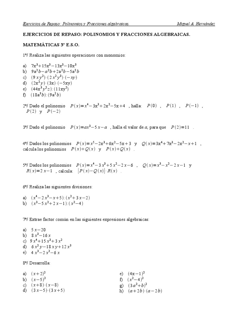 Polinomios. Ejercicios de Repaso PDF | PDF