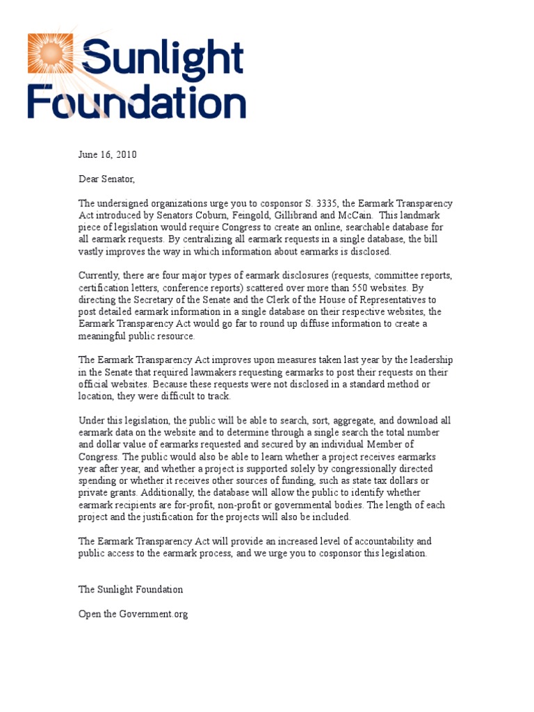 Senate Earmark Sign On Letter | PDF
