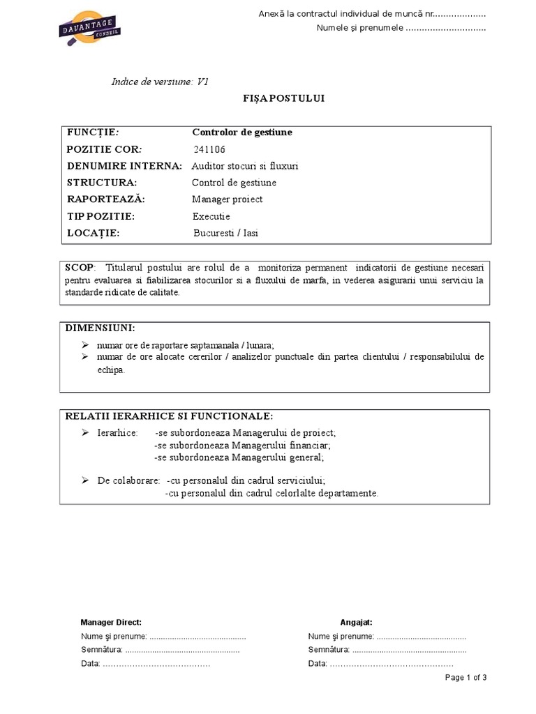 Fisa de Post Controlor de Gestiune Auditor Stocuri Si Flux