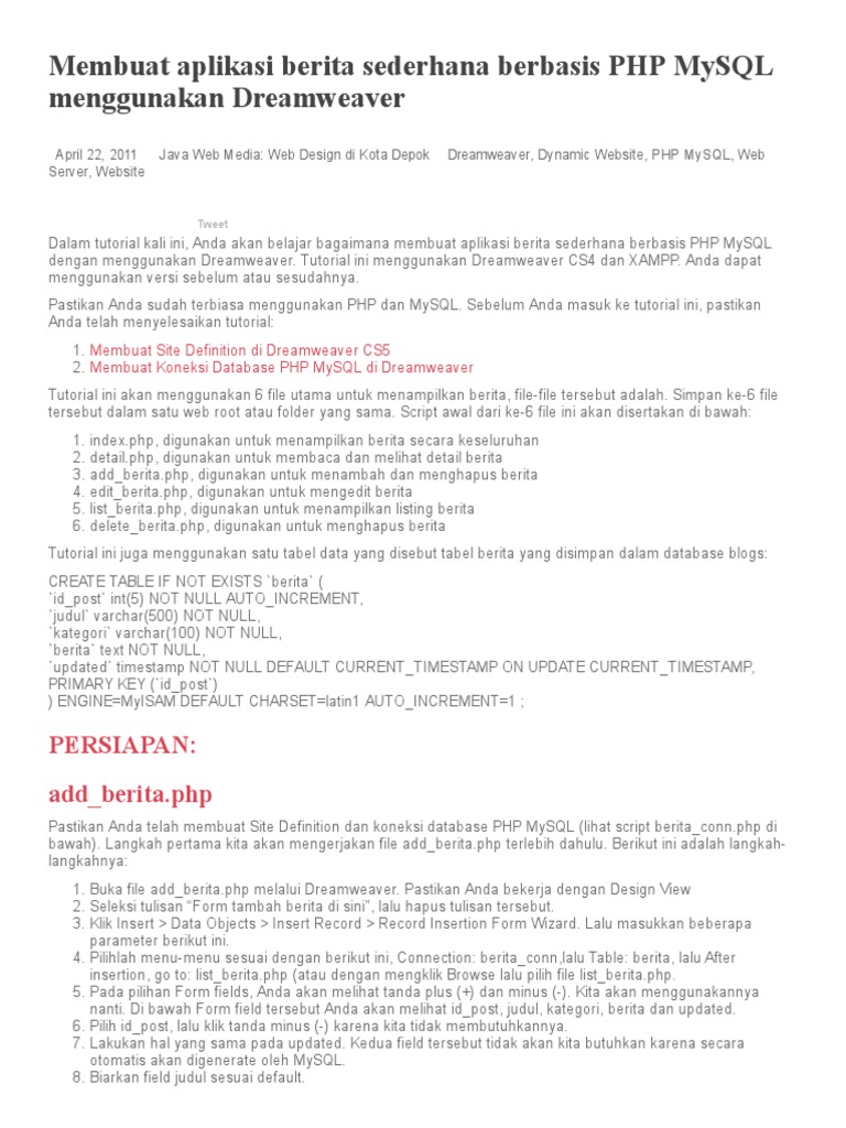 Membuat Aplikasi Berita Sederhana Berbasis PHP MySQL Menggunakan Dreamweaver - Blog Java Web ...