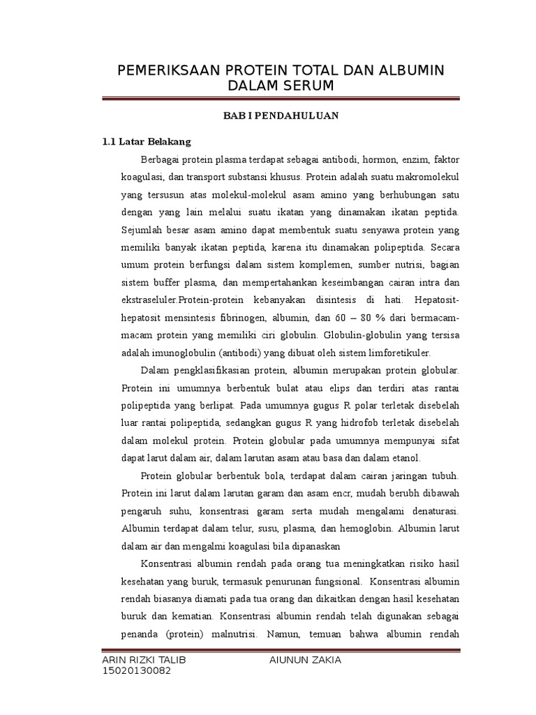 Laporan Kimia Klinis Pemeriksaan Protein Dan Albumin Dalam Serum | PDF