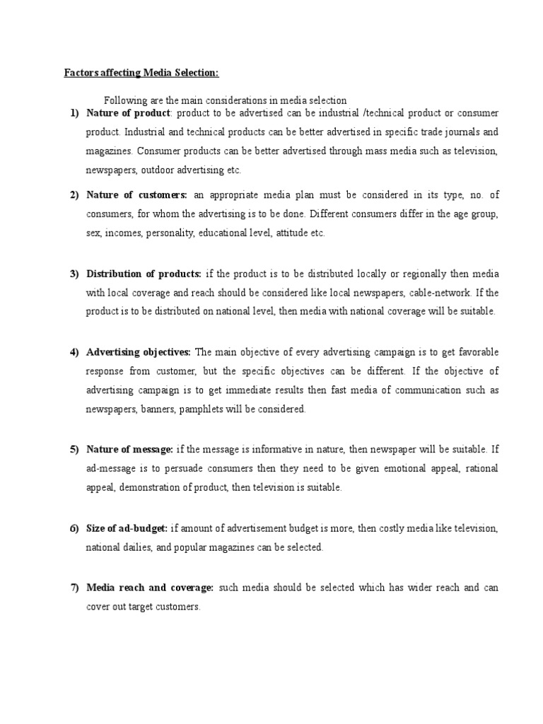 Factors Affecting Media Selection | PDF | Mass Media | Advertising