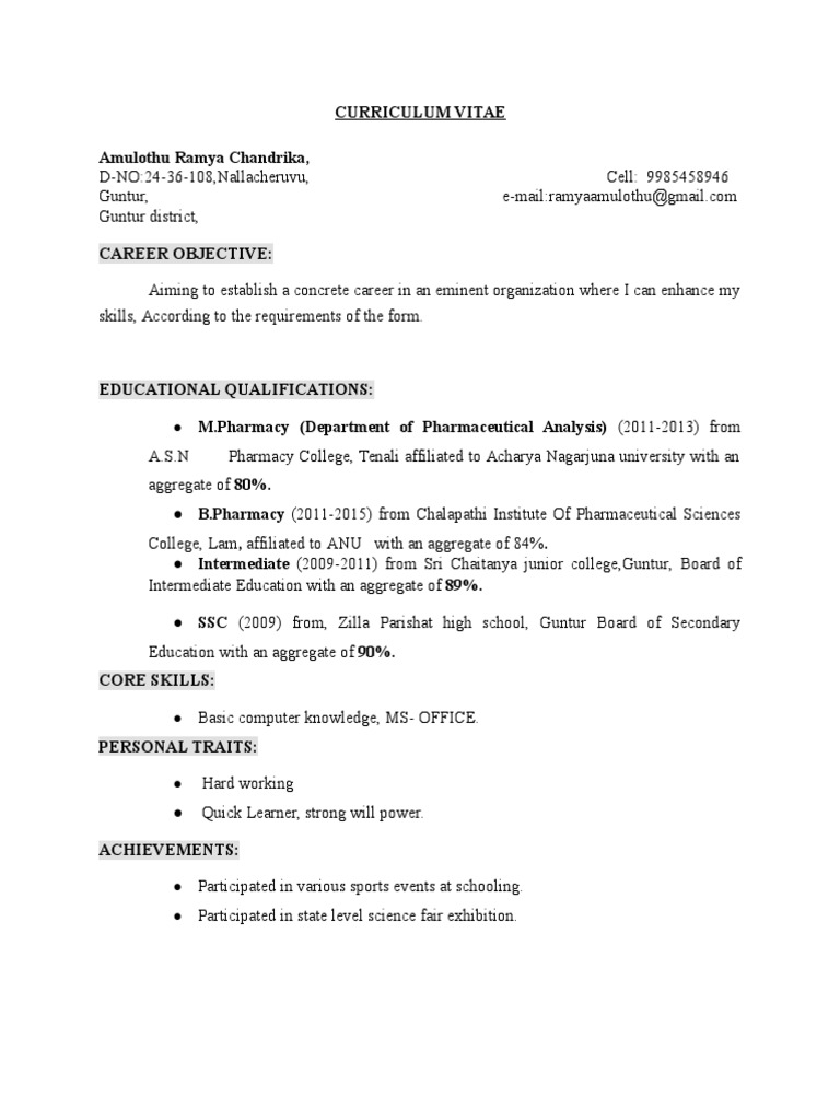 Curriculum Vitae Amulothu Ramya Chandrika | PDF