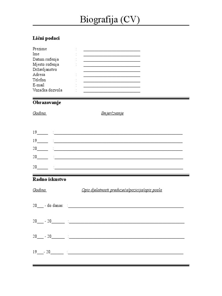 Biografija CV Za Sva Nezaposlena Lica U BiH | PDF