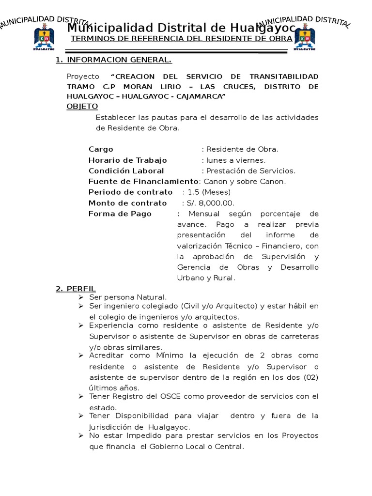 Modelo de Tdr Para Residente y Supervision | Arquitecto | Gobierno