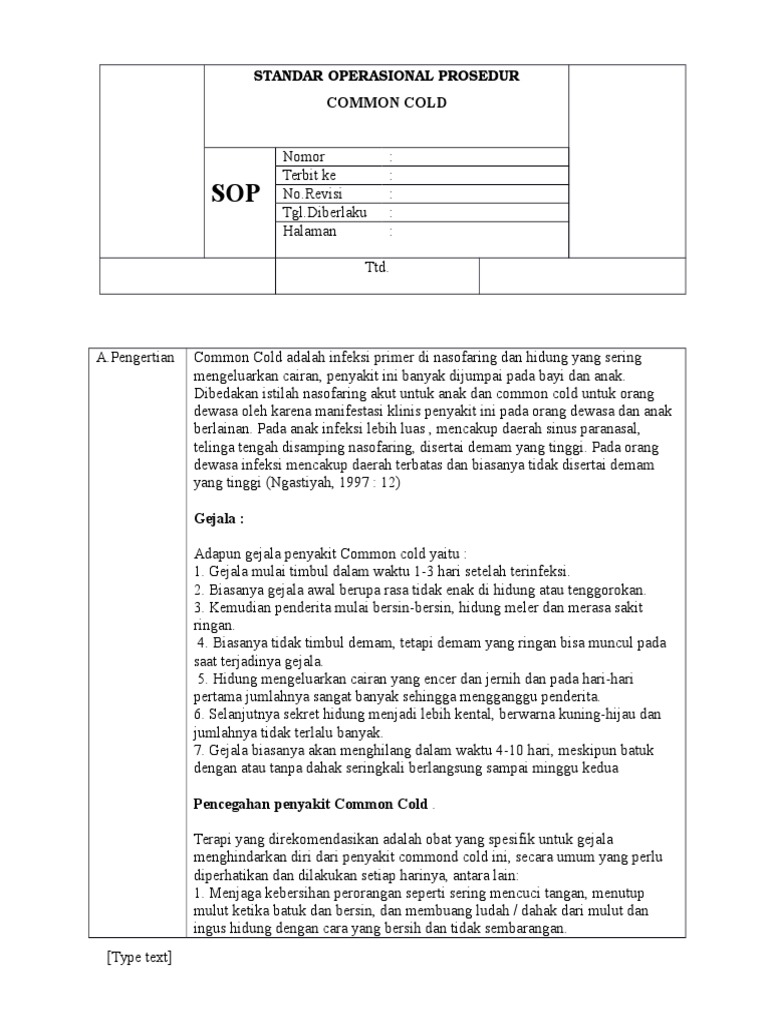 SOP Common Cold | PDF