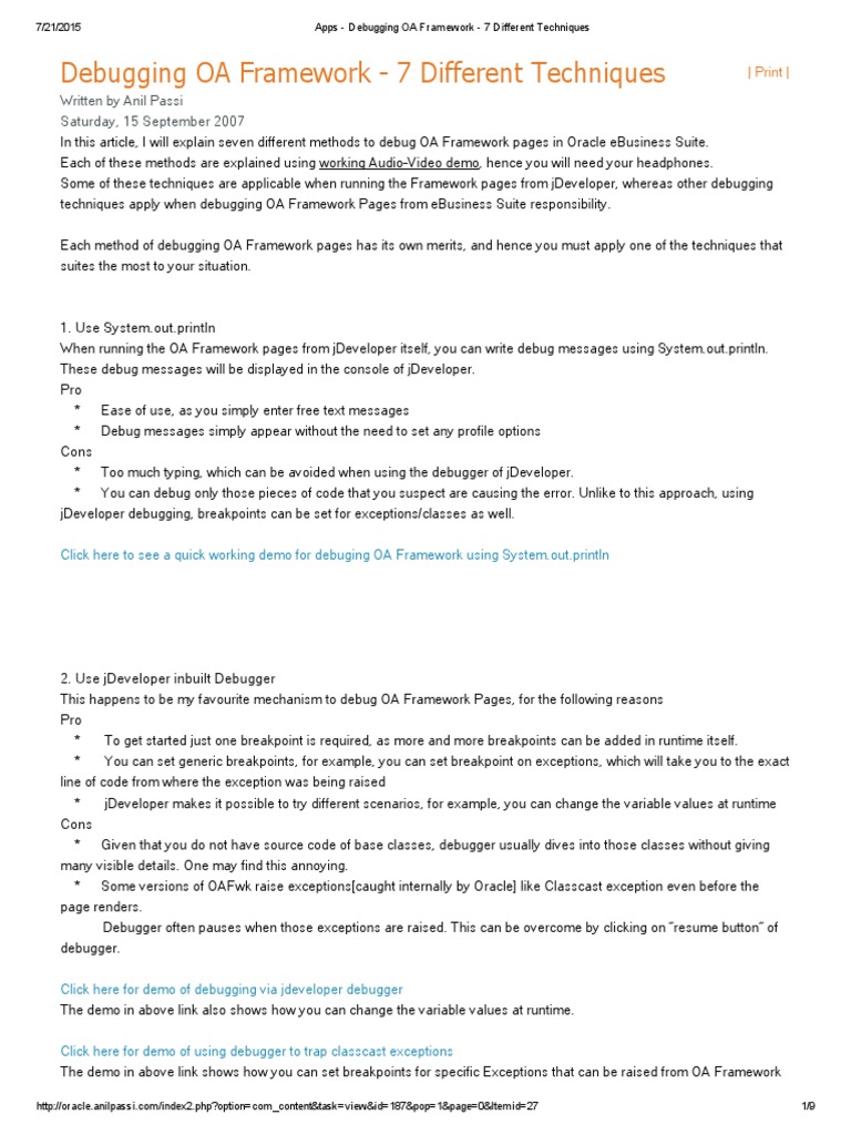 Apps - Debugging OA Framework - 7 Different Techniques | PDF | Debugging | Sql