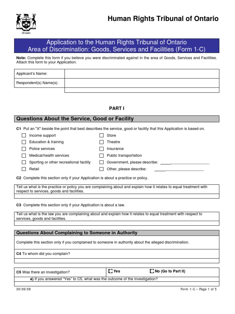 Ontario Faclities Human Rights Form 1C | PDF | Discrimination | Gender