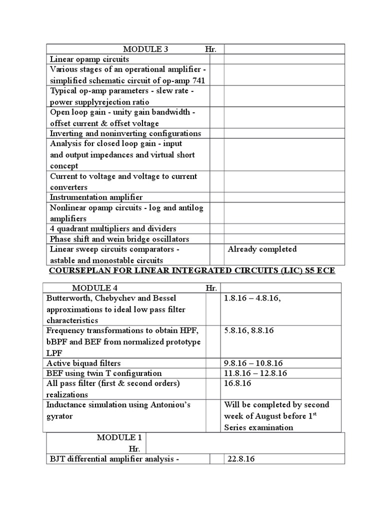 Courseplan For Linear Integrated Circuits (Lic) S5 Ece | PDF | Technology & Engineering