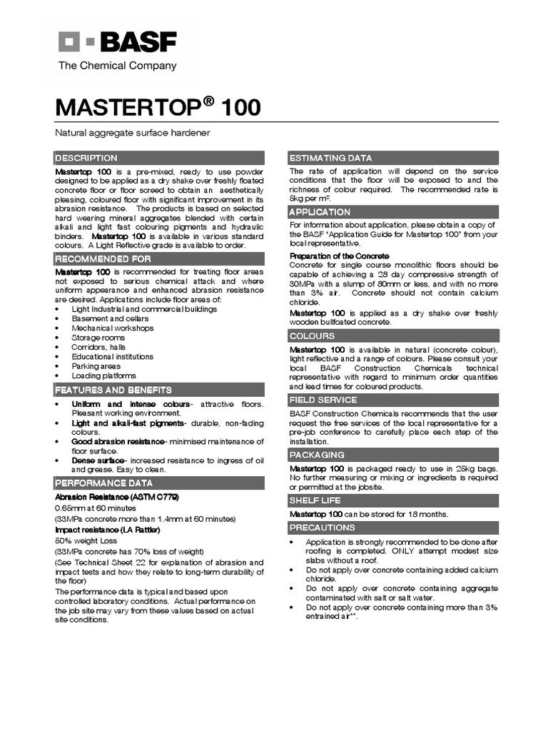 Mastertop 100 PDF | Download Free PDF | Wear | Concrete