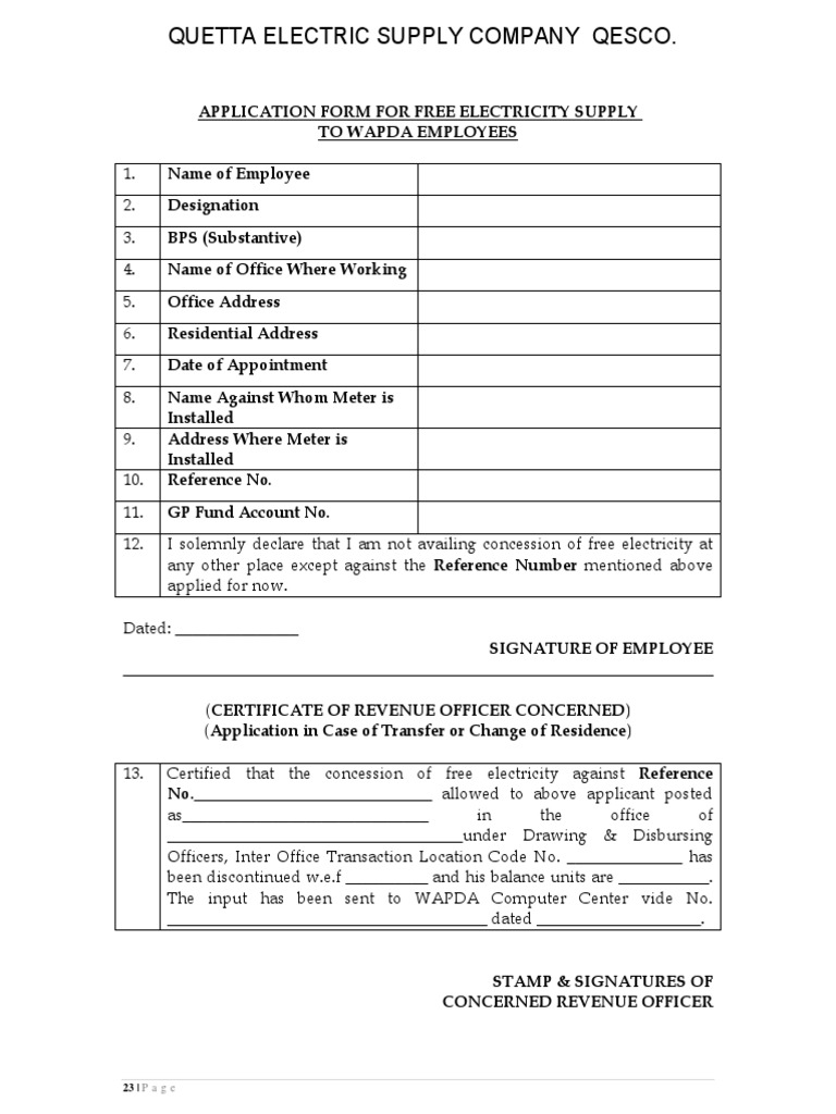 Free Elecricity Supply Form | PDF