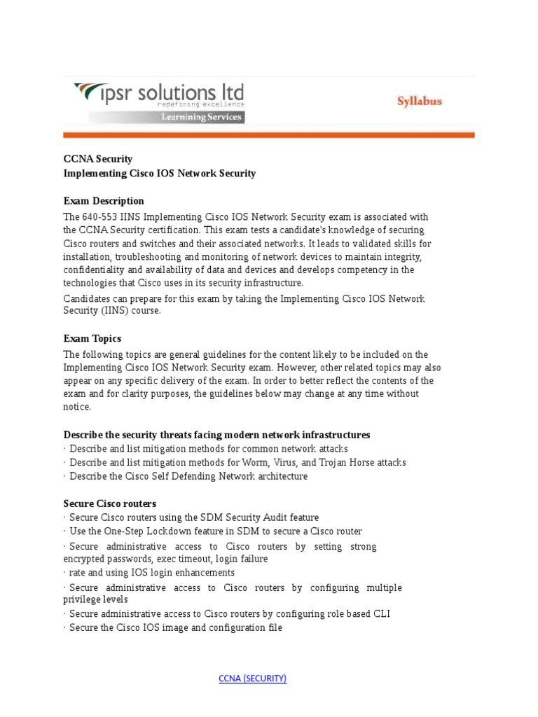CCNA Security Implementing Cisco IOS Network Security Exam Description | Download Free PDF ...