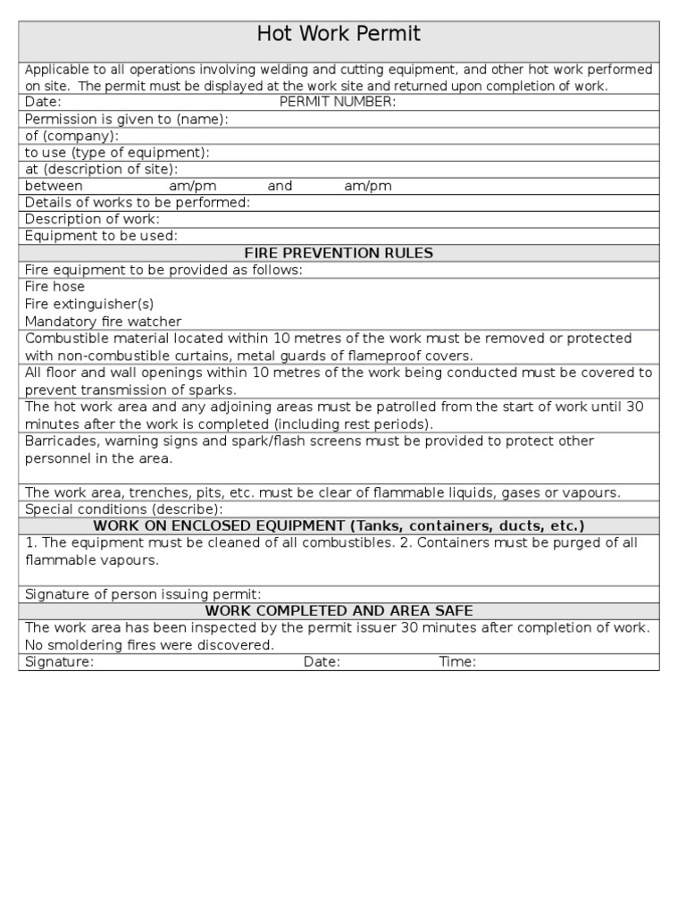 Hot Work Permit Template1 | PDF | Technology & Engineering
