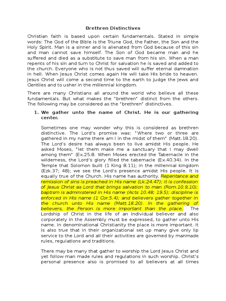 The Distinctives of the Brethren: A Summary of Their Beliefs Regarding ...