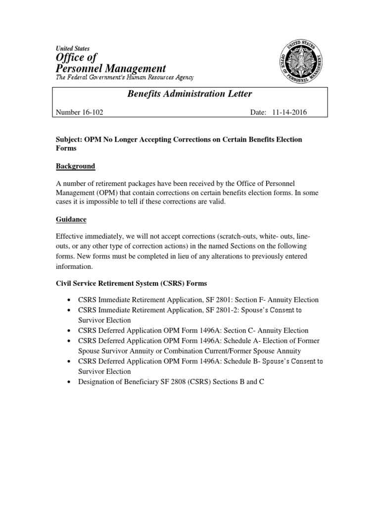 OPM No Longer Accepting Corrections On Certain Benefits Election Forms ...