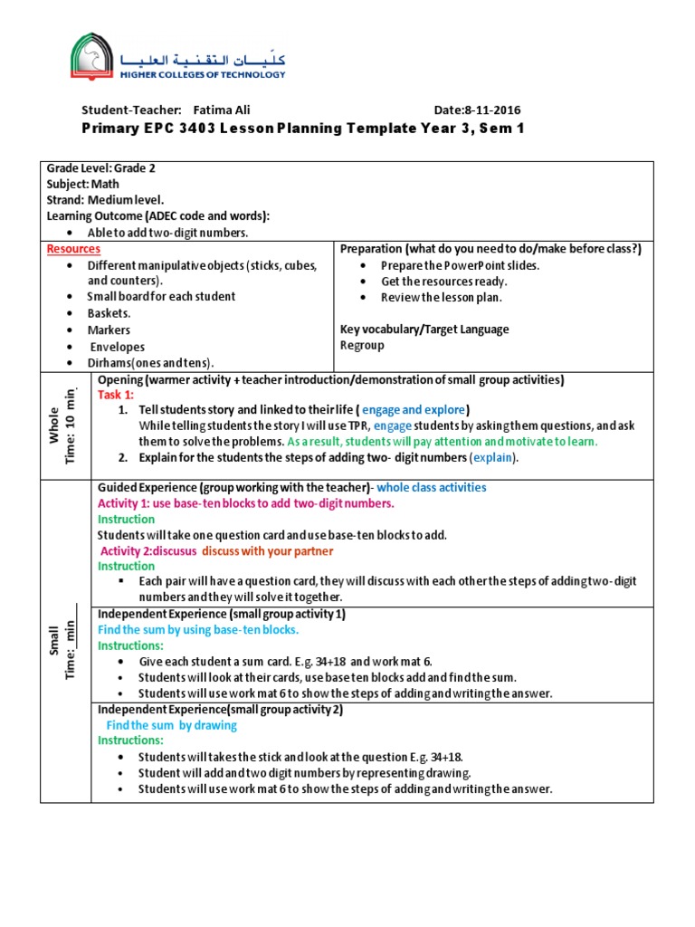 Lesson Plan-Add Two Digit Numbers | PDF | Educational Psychology ...