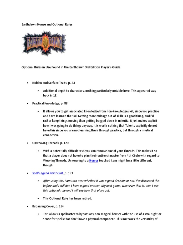 Earthdawn Revised House Rules Guide | PDF | Coins | Leisure