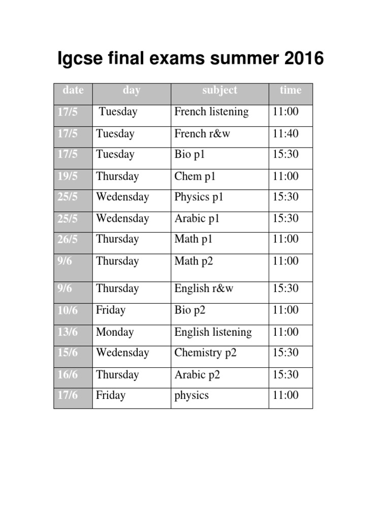 IGCSE Summer 2016 Exam Schedule | PDF | Language Arts & Discipline