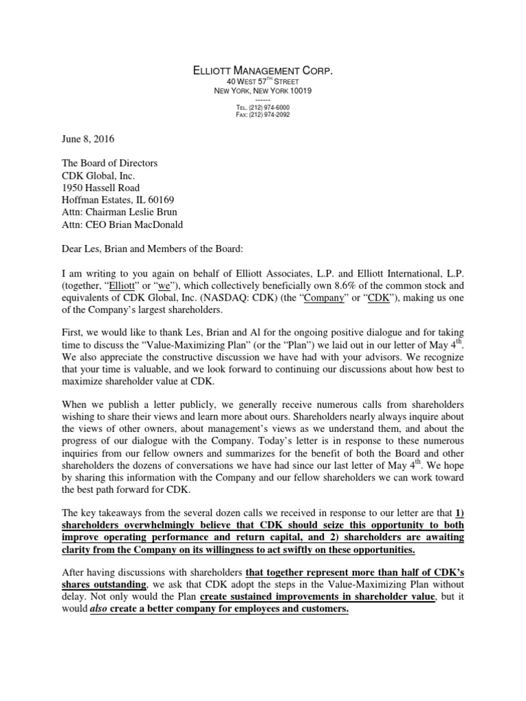 Elliott Management Letter To CDK 06.08.16 | PDF | Share Repurchase ...