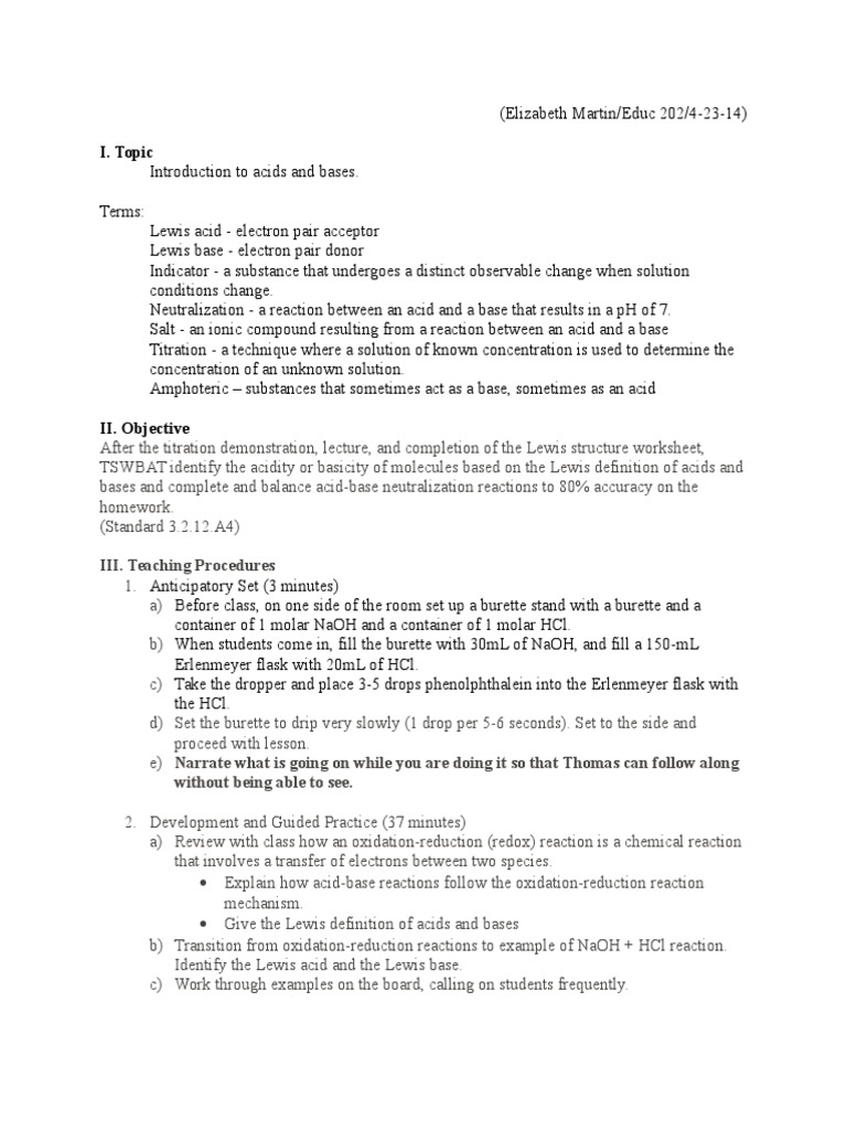 Acid-Base Lesson Plan | Download Free PDF | Titration | Chemistry
