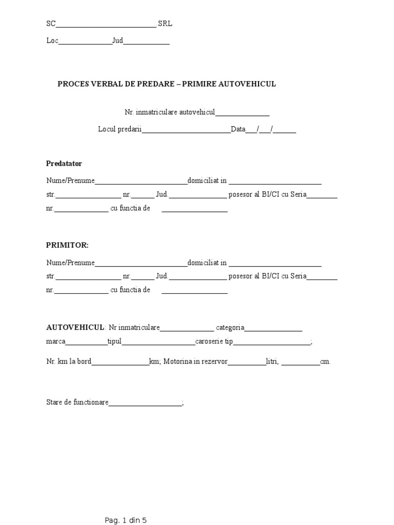 Proces Verbal de Predare Primire Autovehicul | PDF