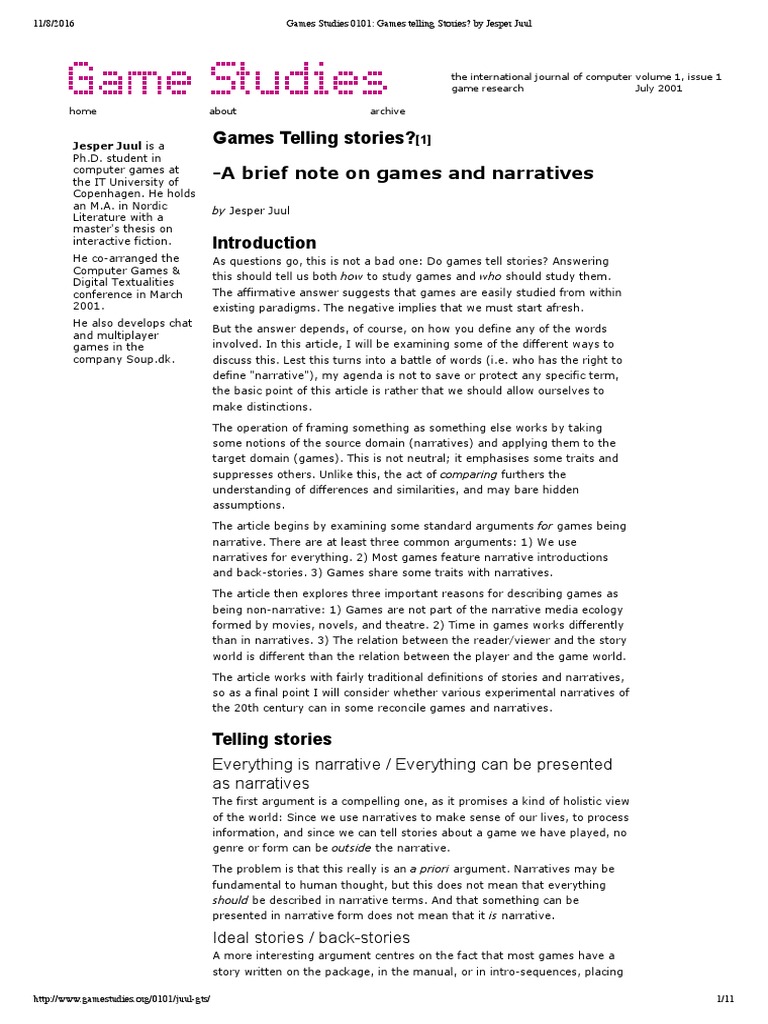 Games Studies 0101 - Games Telling Stories - by Jesper Juul | PDF ...