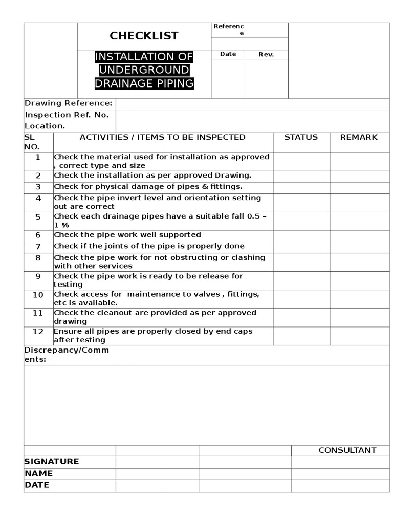 Installation of Underground Drainage Piping: Checklist | PDF