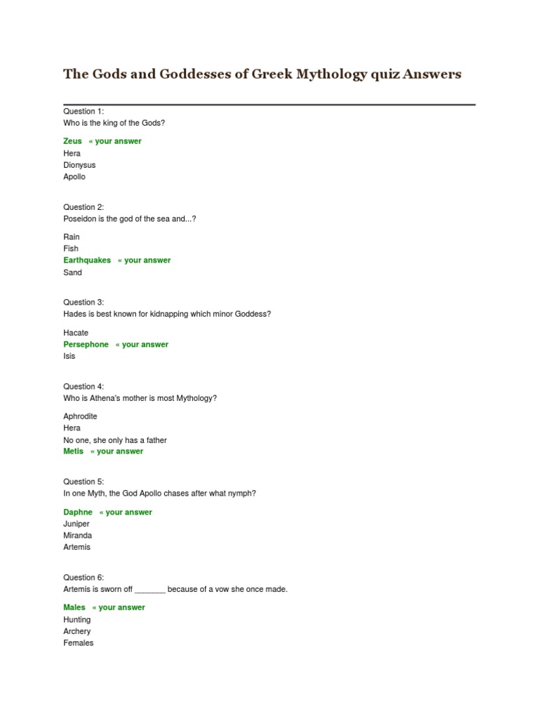 Greek Mythology Quiz with Answers | PDF | Hera | Persephone