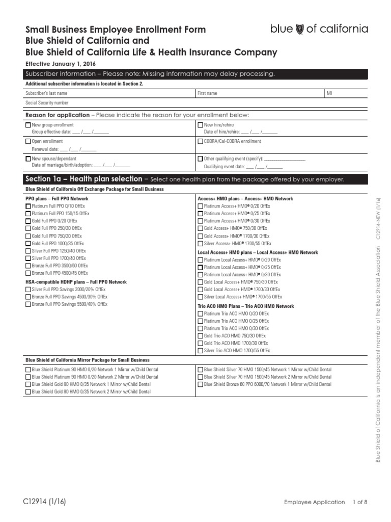 Blue Shield CA Employee Enrollment Template v20160101 | Download Free ...
