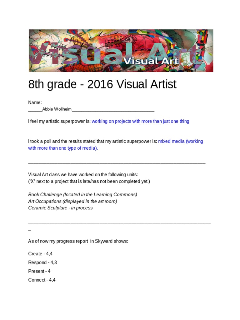8th Grade Visual Art Progress Report | PDF