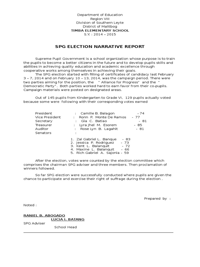 TIMBA ELEMENTARY SCHOOL STUDENT GOVERNMENT ELECTION REPORT FOR SCHOOL ...