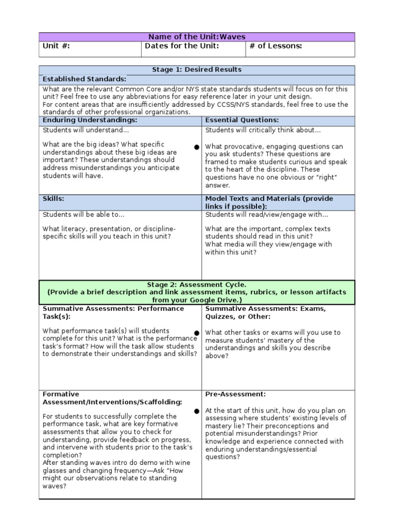 Name of The Unit:Waves Unit #: Dates For The Unit: # of Lessons | PDF ...