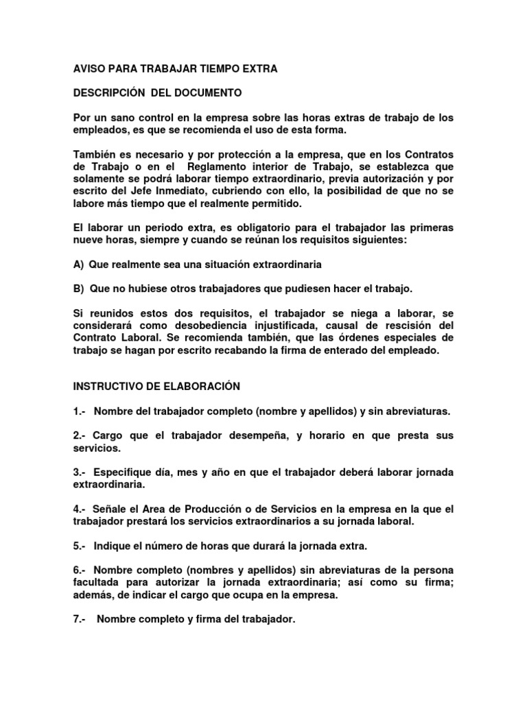 Aviso Para Trabajar Tiempo Extra