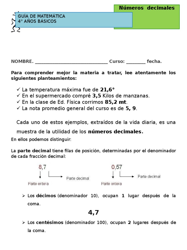 Guía de Números Decimales 4° Básico | PDF | Sustracción | Decimal