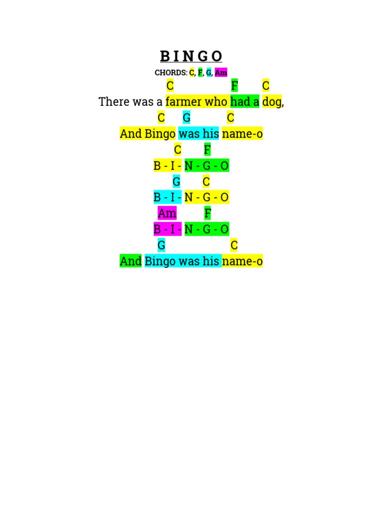 Bingo: CHORDS: C, F, G, Am | PDF
