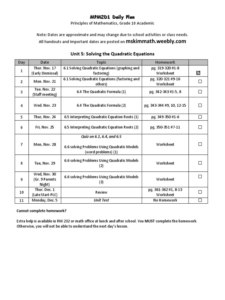 mpm2d1 Unit 5 Daily Plan | PDF