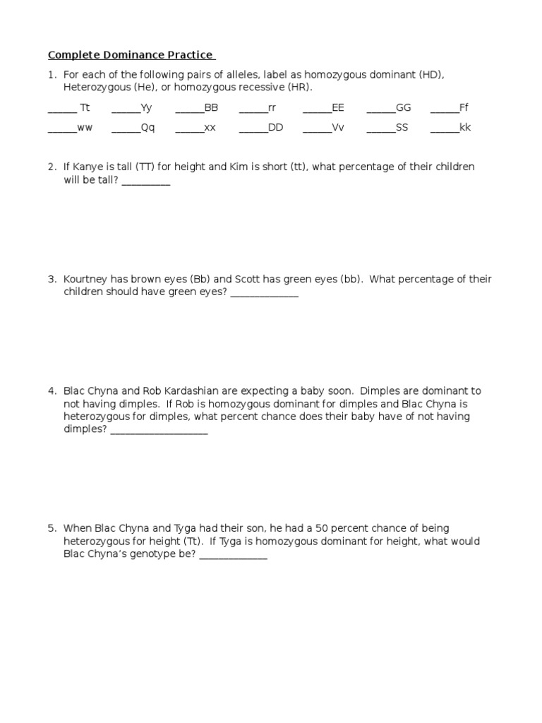 Complete Dominance Practice With The Kardashians | PDF | Zygosity ...