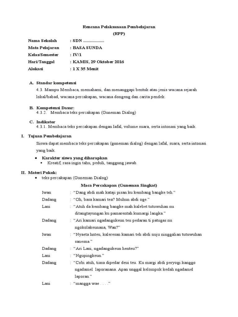 RPP Bahasa Sunda Kelas 4 | PDF