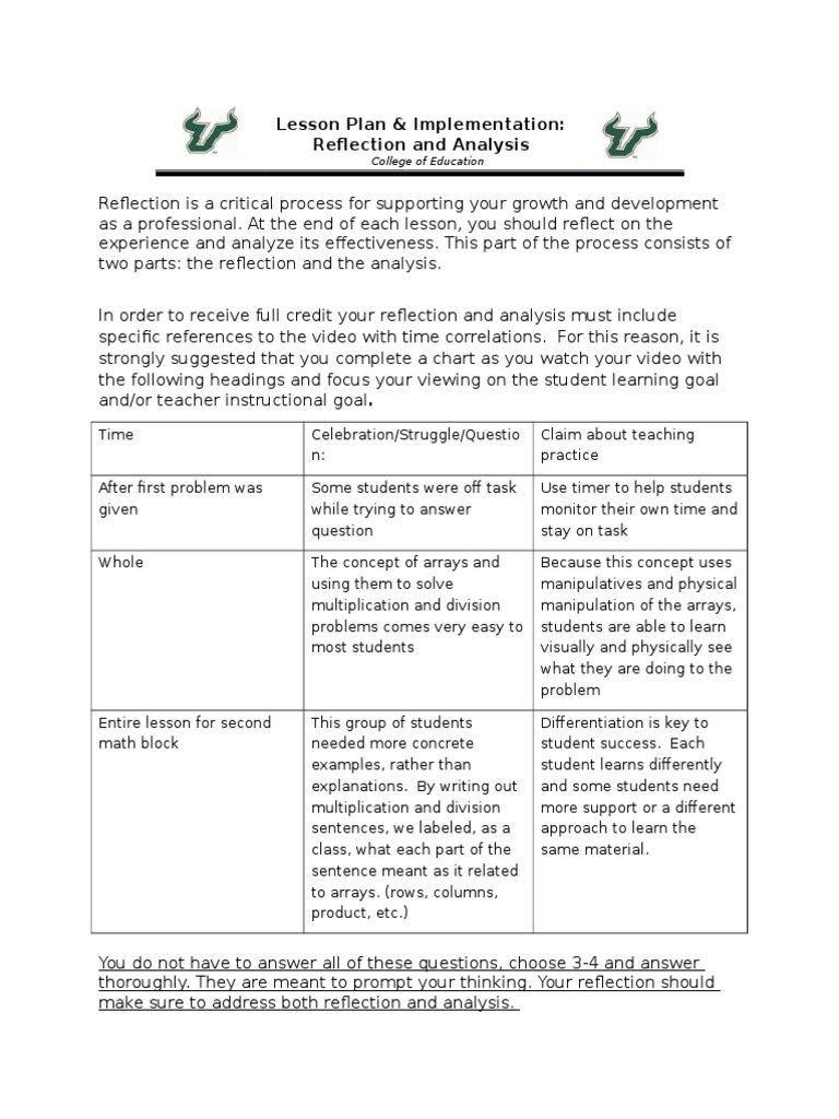 Lesson Plan & Implementation: Reflection and Analysis: College of ...