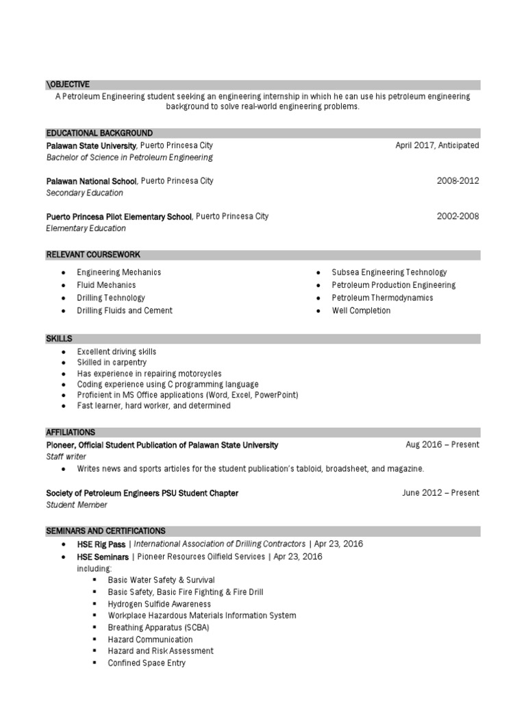 Petroleum Engineering Internship Resume | PDF | Career & Growth