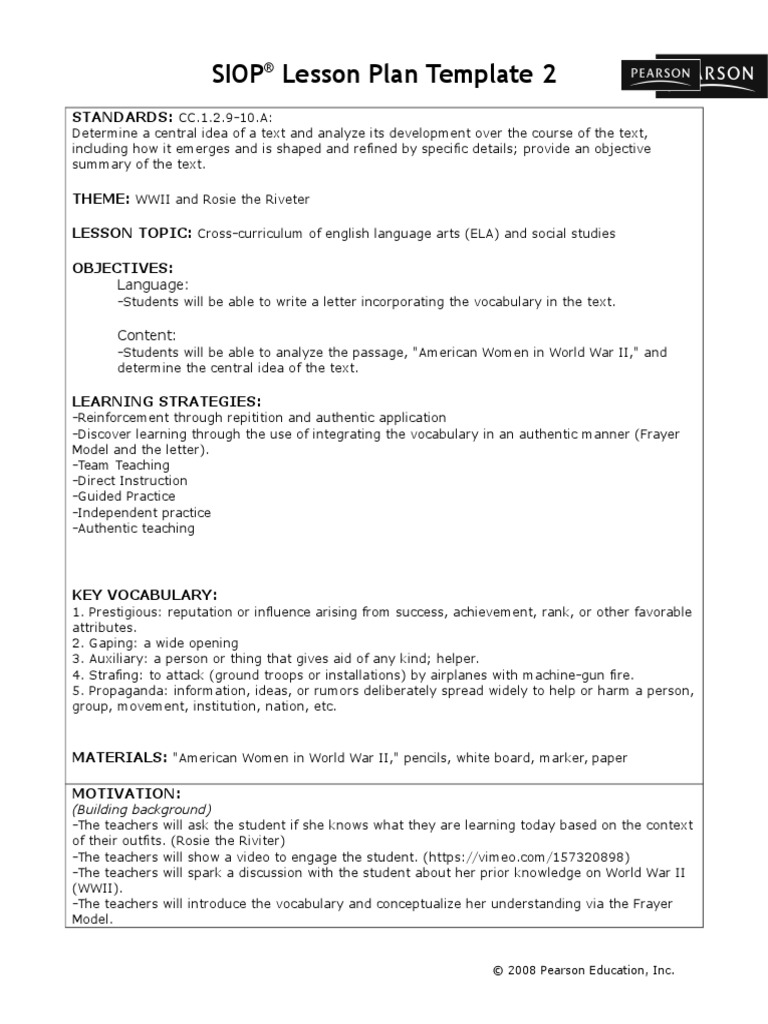 Siop Lesson Plan Template2 | PDF | Career & Growth