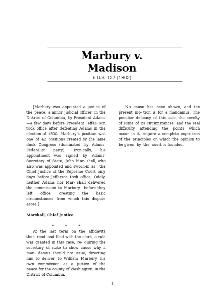 Marbury v. Madison: Marshall, Chief Justice | PDF | Public Sphere ...