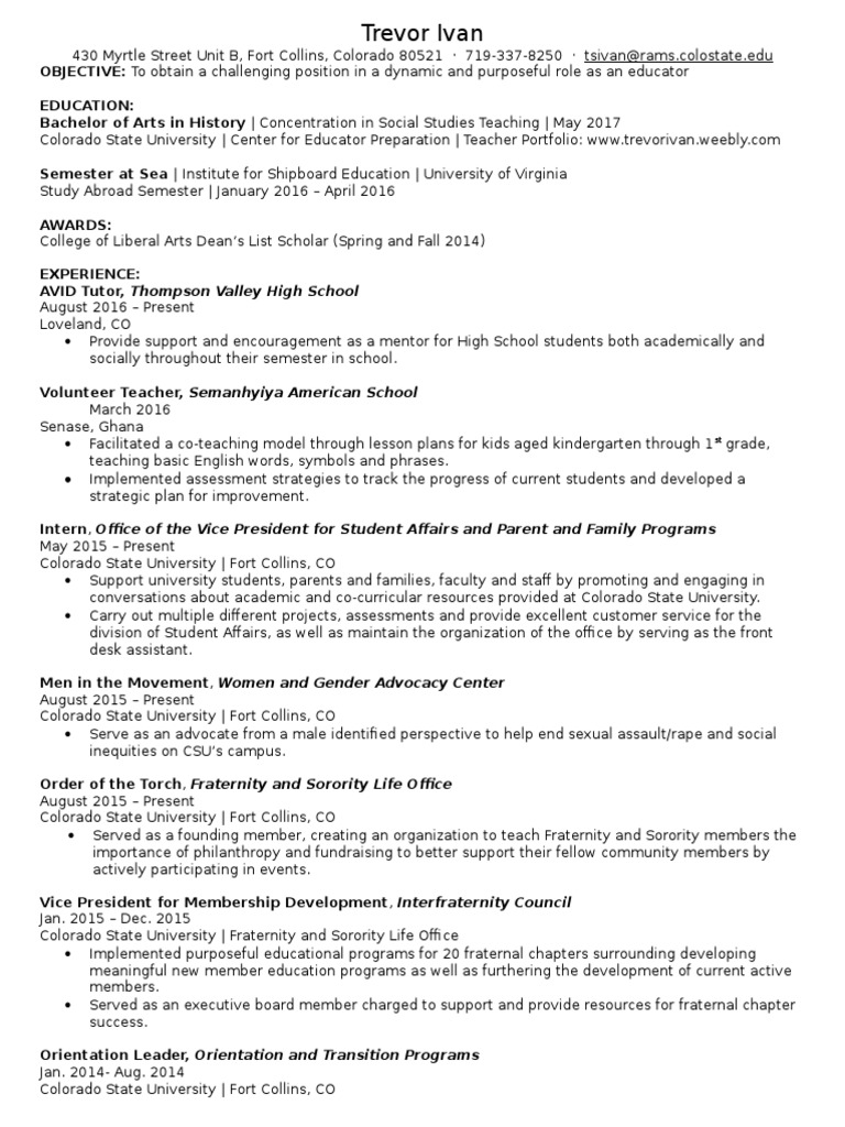 Educ 450 - Resume - Trevor Ivan | PDF | Fraternities And Sororities ...