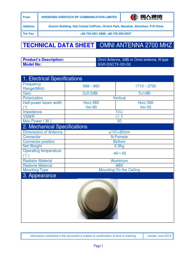 Omni Antenna Technical Data Sheet | PDF