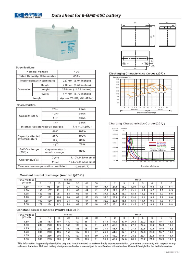 Data Sheet For 6-GFM-65C Battery: Specifications | PDF | Science ...