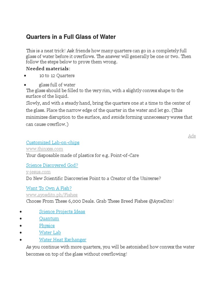 Quarters in A Full Glass of Water: Needed Materials | PDF | Glasses ...