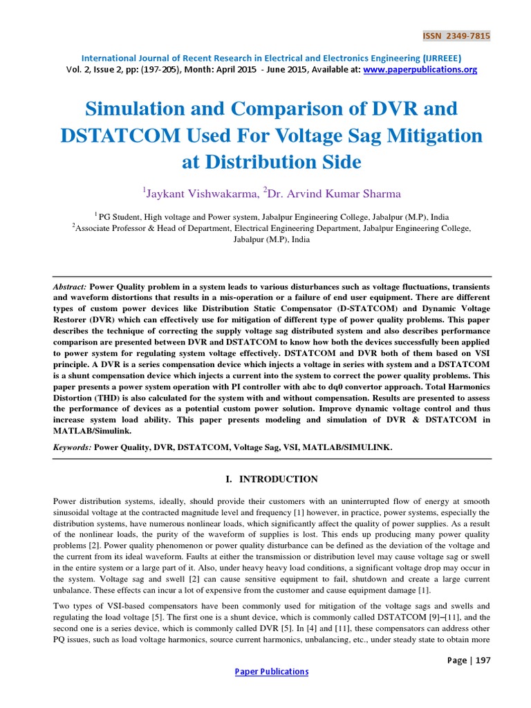 Simulation And Comparison Of Dvr And Dstatcom Used For Voltage Sag