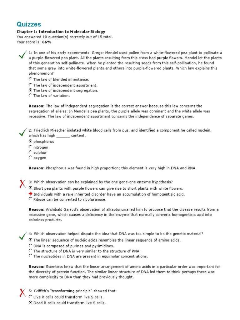 Quiz 1: Introduction To Molecular Biology | PDF | Dna | Cell (Biology)
