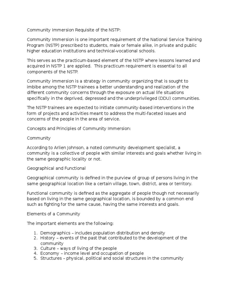 NSTP Community Immersion Overview | PDF | Community | Psychology